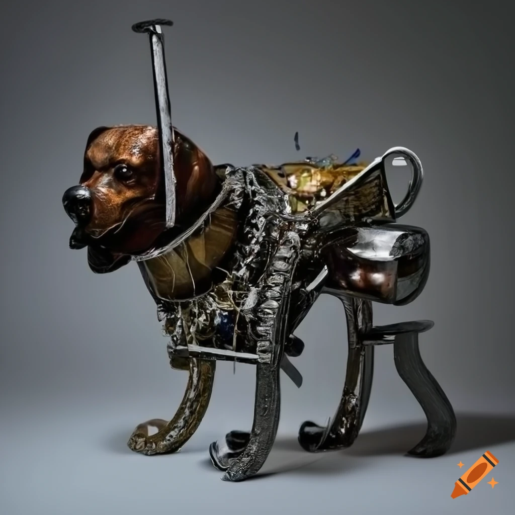 Sculpture of labrador dog made from recycled objects on Craiyon