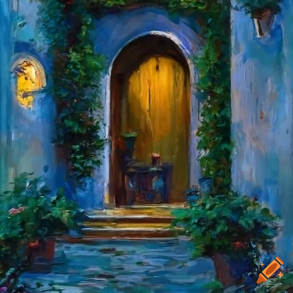Impressionist painting of a charming Italian house with a courtyard on ...