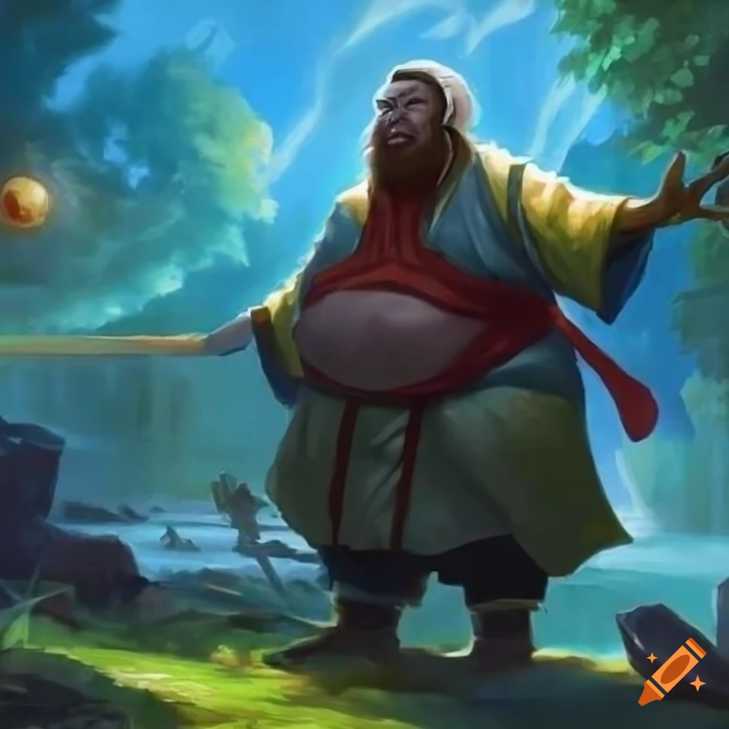 Illustration of a fat Asian sorcerer in ancient Chinese clothes by a ...