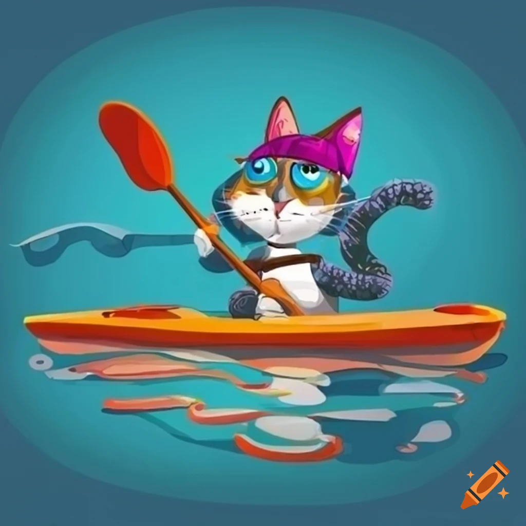 Cartoon art of a cat with a beanie in a kayak on the ocean