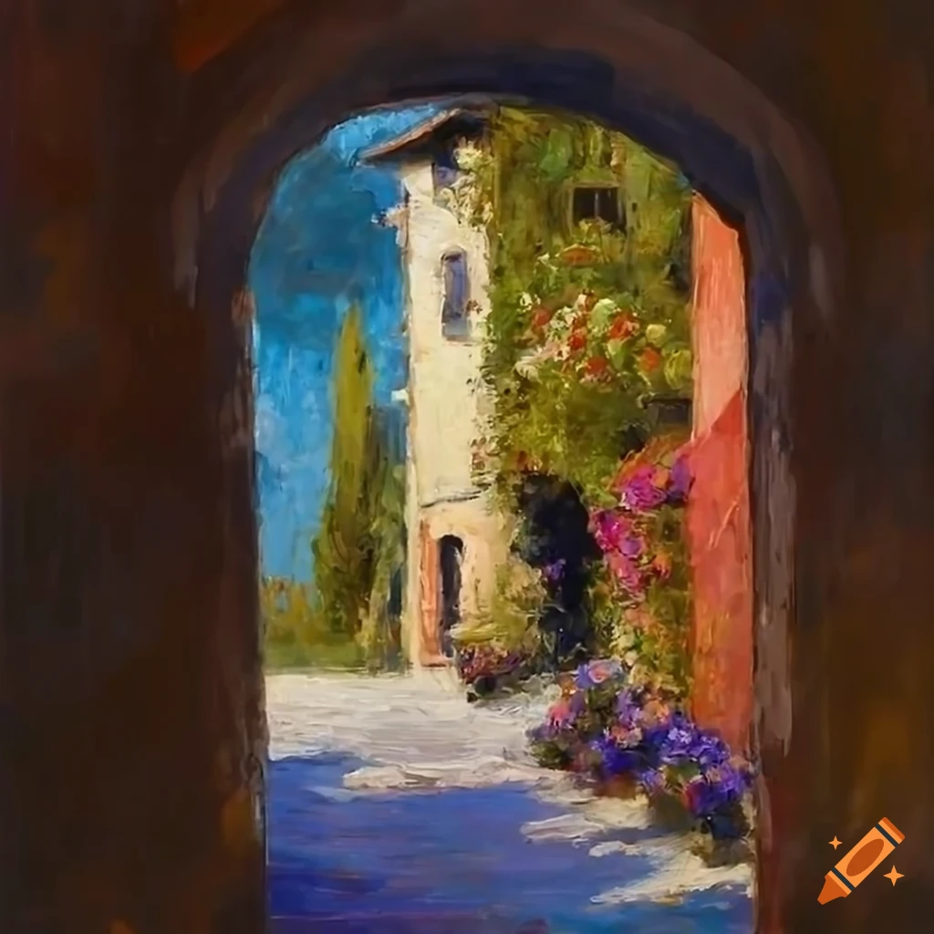 Impressionist painting of a charming Italian house with a courtyard on ...