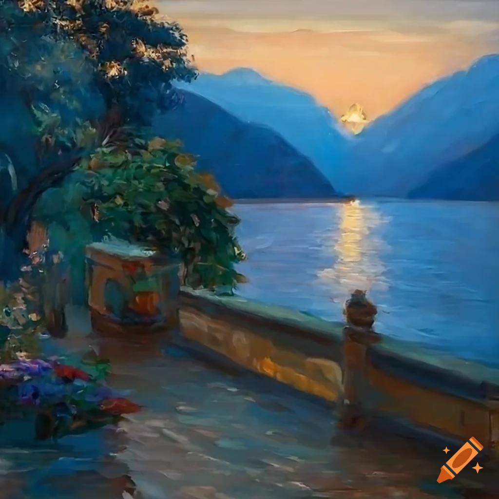 Impressionist painting of a cozy patio with a view of lake como on Craiyon