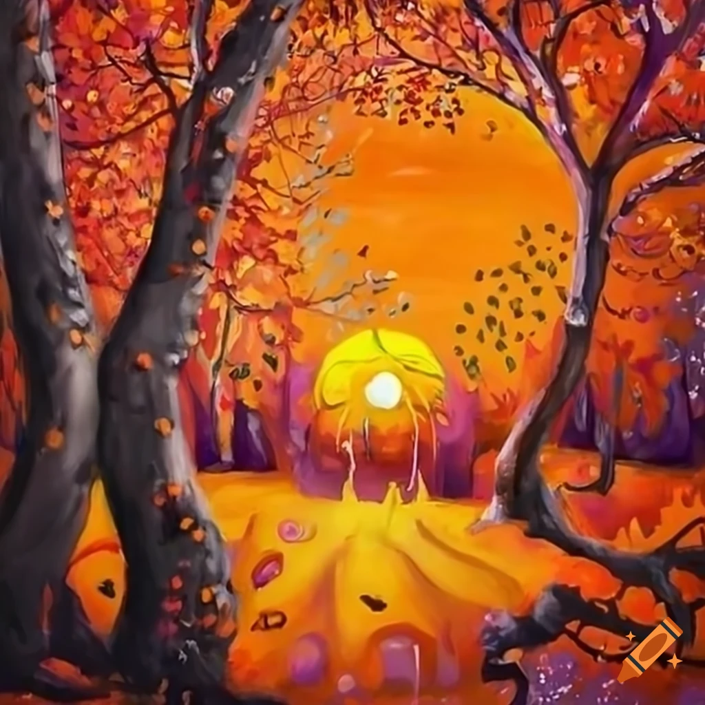 Painting of fall trees with halloween creatures
