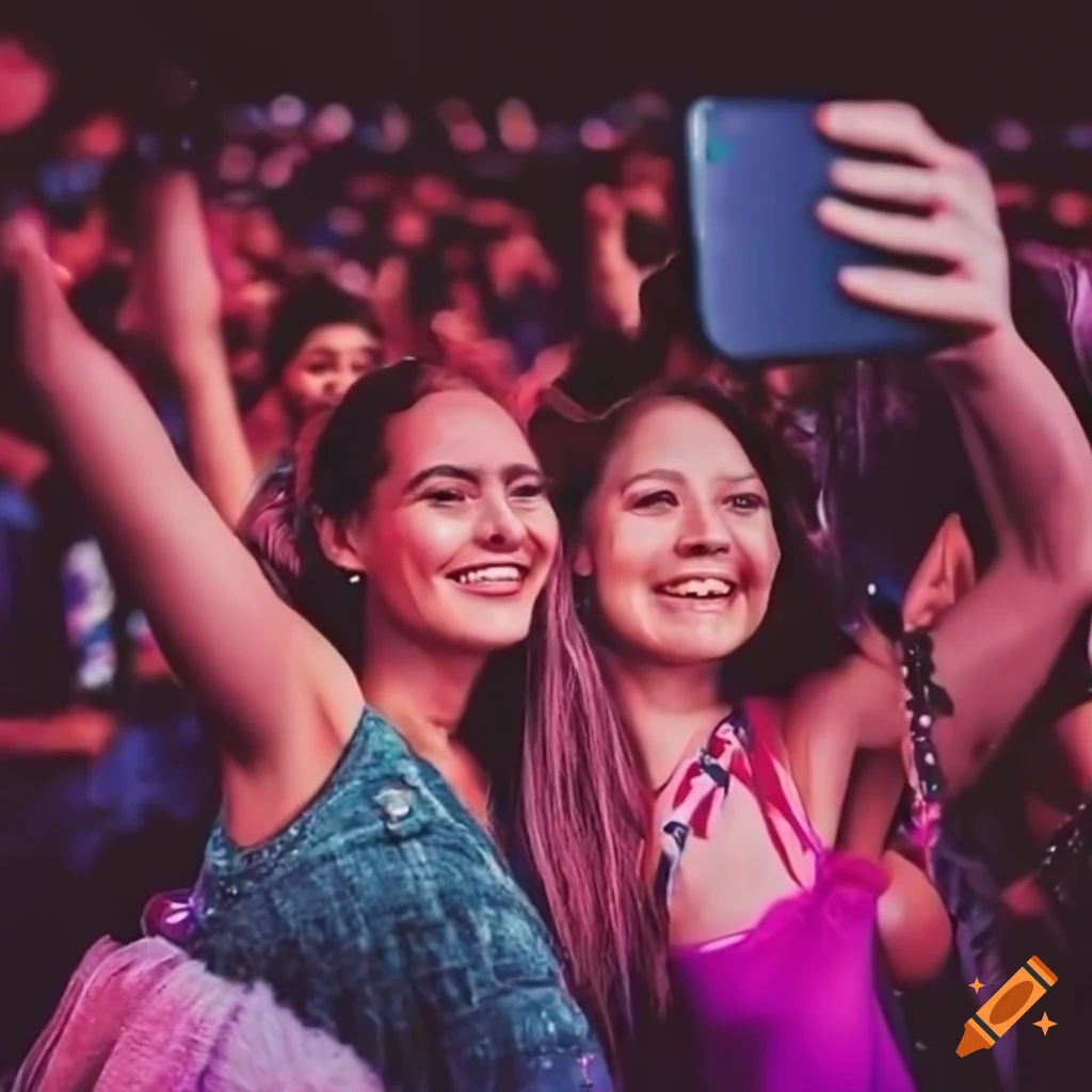 Vibrant photo of fans taking selfies at a concert on Craiyon
