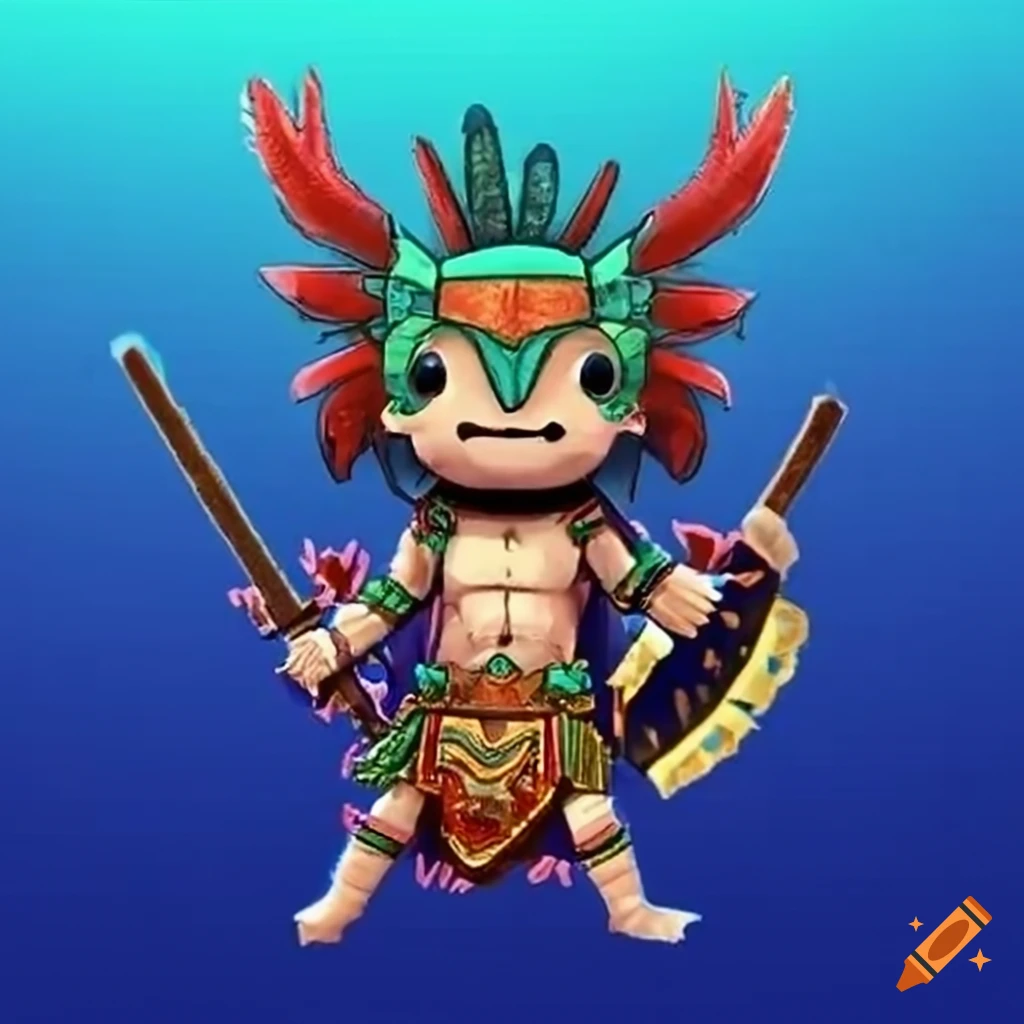 Chibi axolotl dressed as an aztec warrior on Craiyon