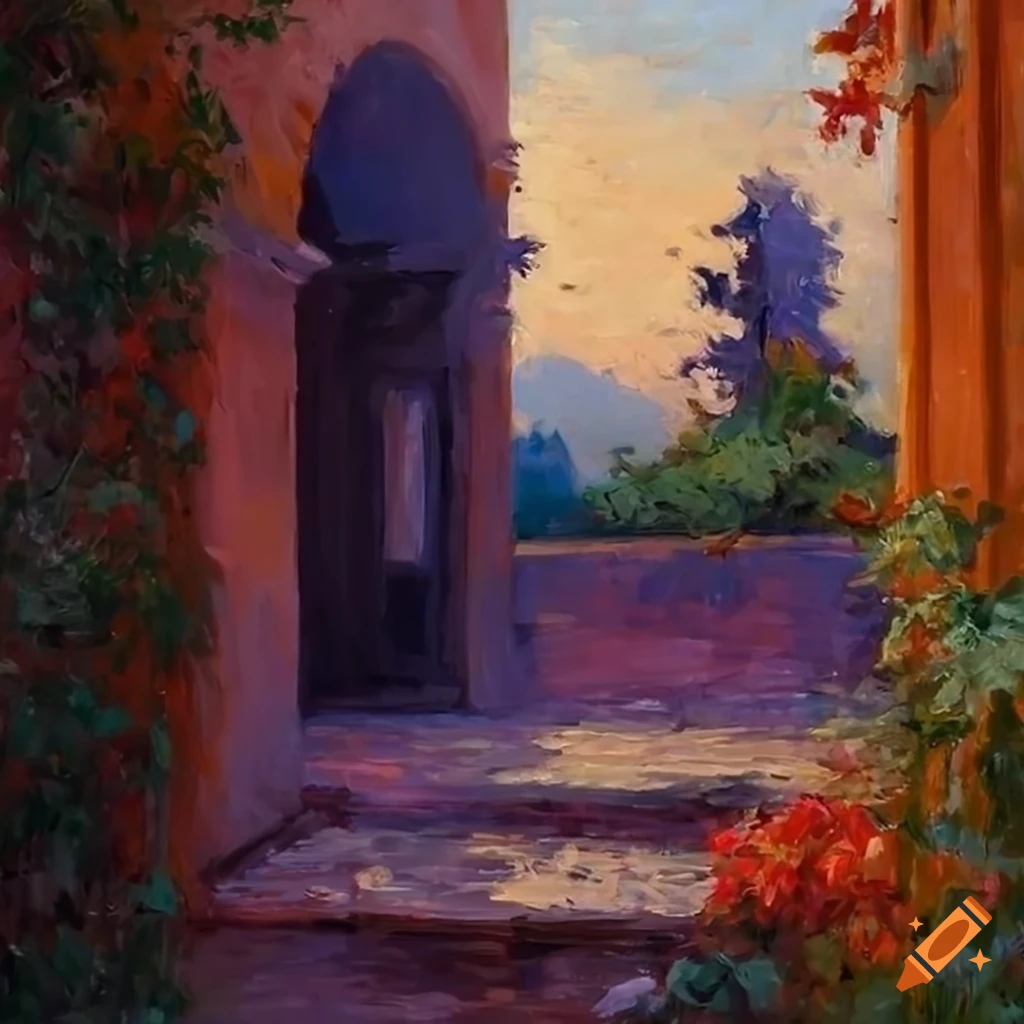 Impressionist painting of a charming italian house with a courtyard
