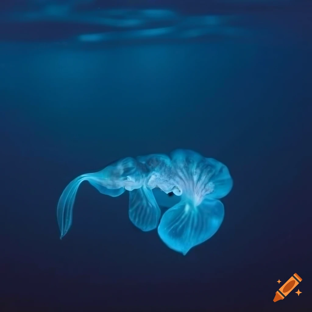 Translucent sea creature in dark blue underwater scene on Craiyon