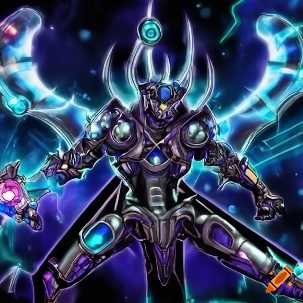Yugioh masked machine monster launching lightning bolts on Craiyon