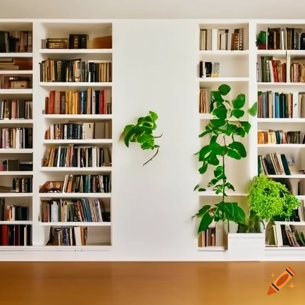 Modern living room with bookshelf and plants on Craiyon