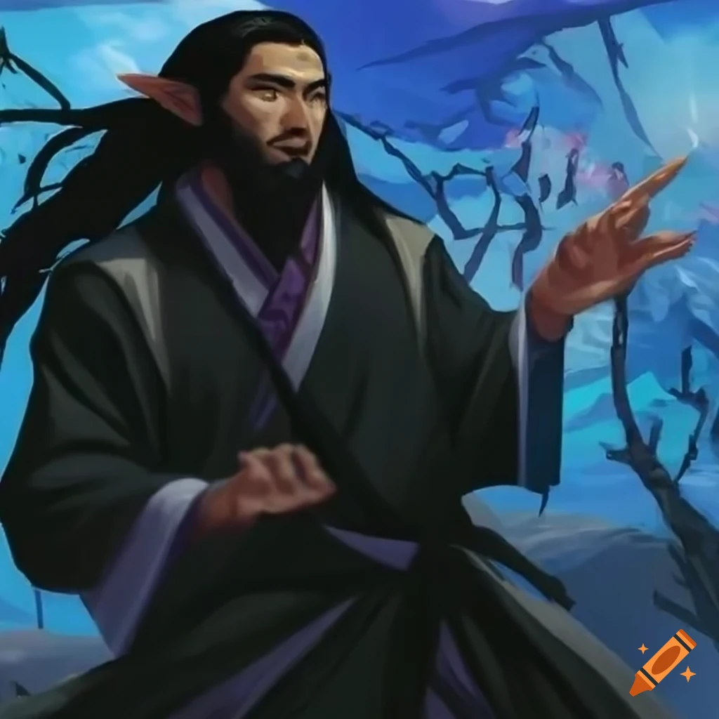 Asian elf male in ancient chinese clothing on a mountain path on Craiyon