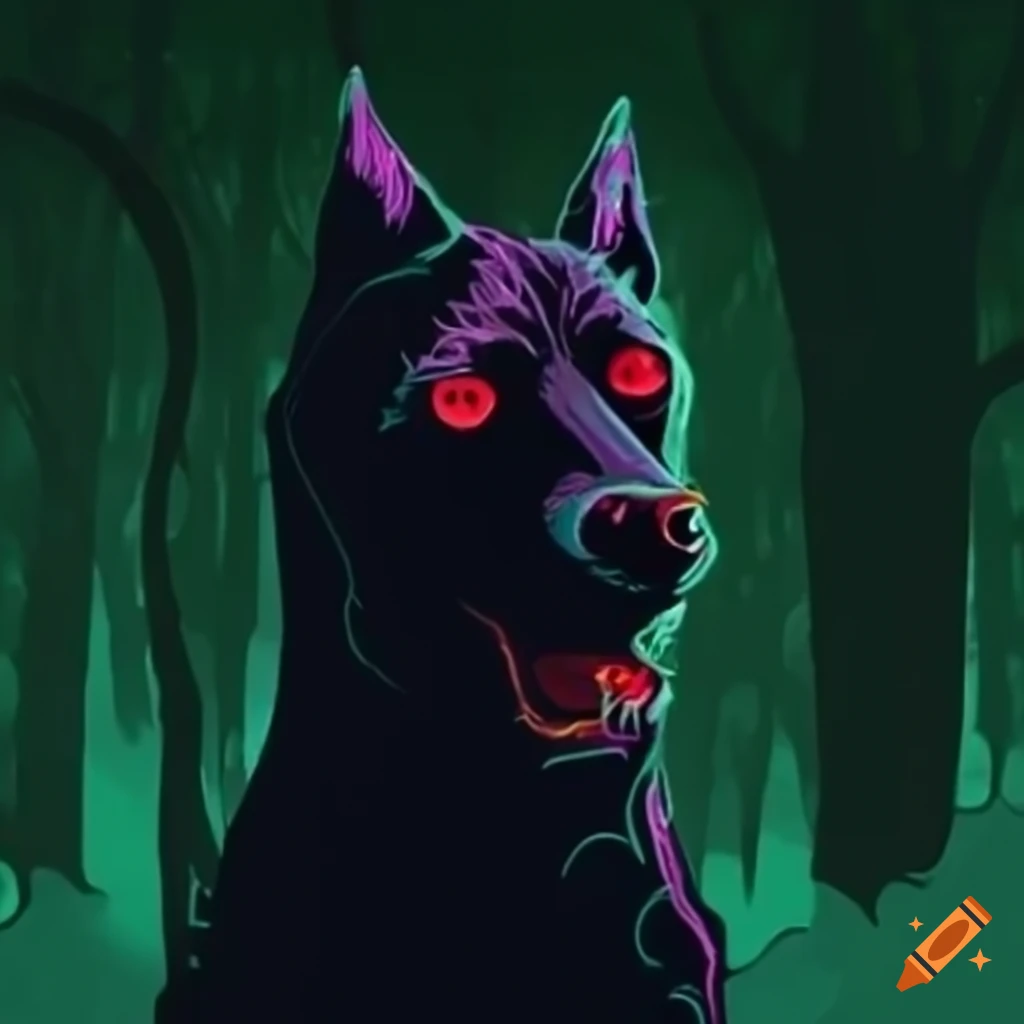 Sinister black dog in a forest with glowing red eyes on Craiyon