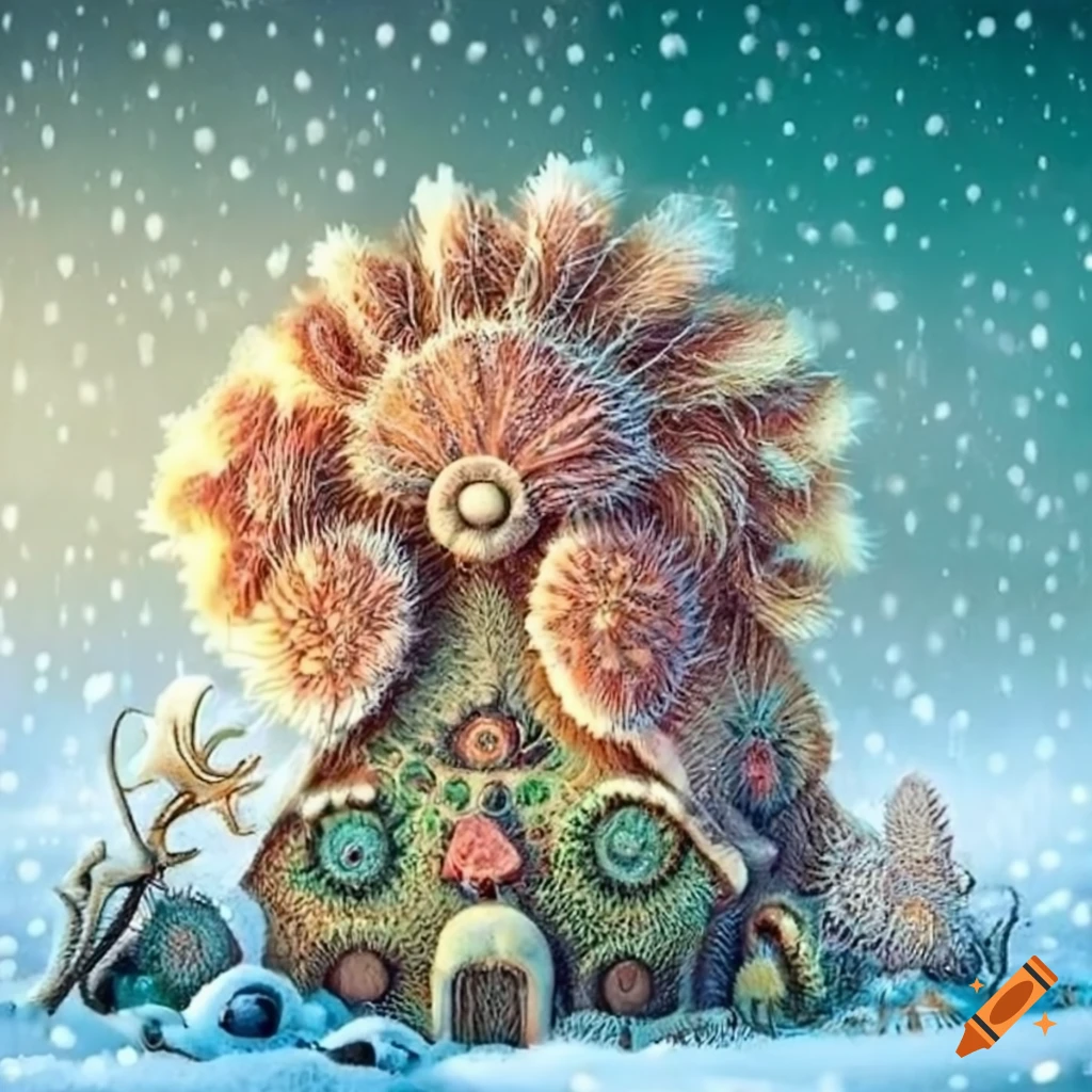 Illustration of cute creatures in snow near villages on Craiyon