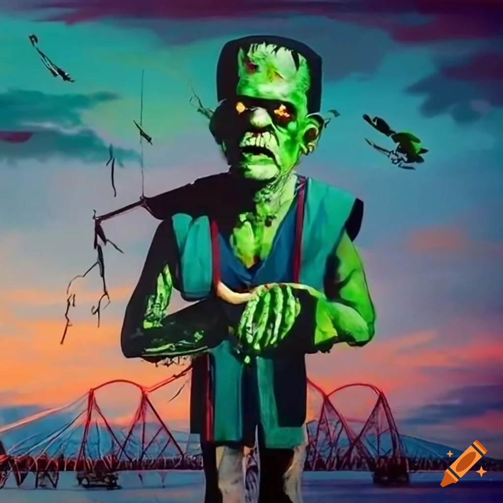 Artistic depiction of frankenstein's monster painting under bridge on ...