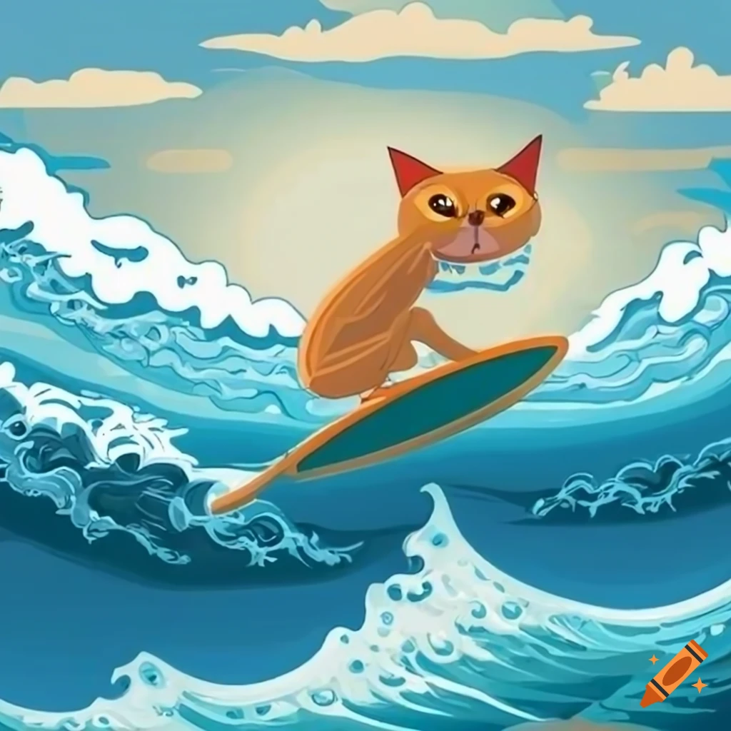 Cartoon art of a cat surfing on ocean waves on Craiyon