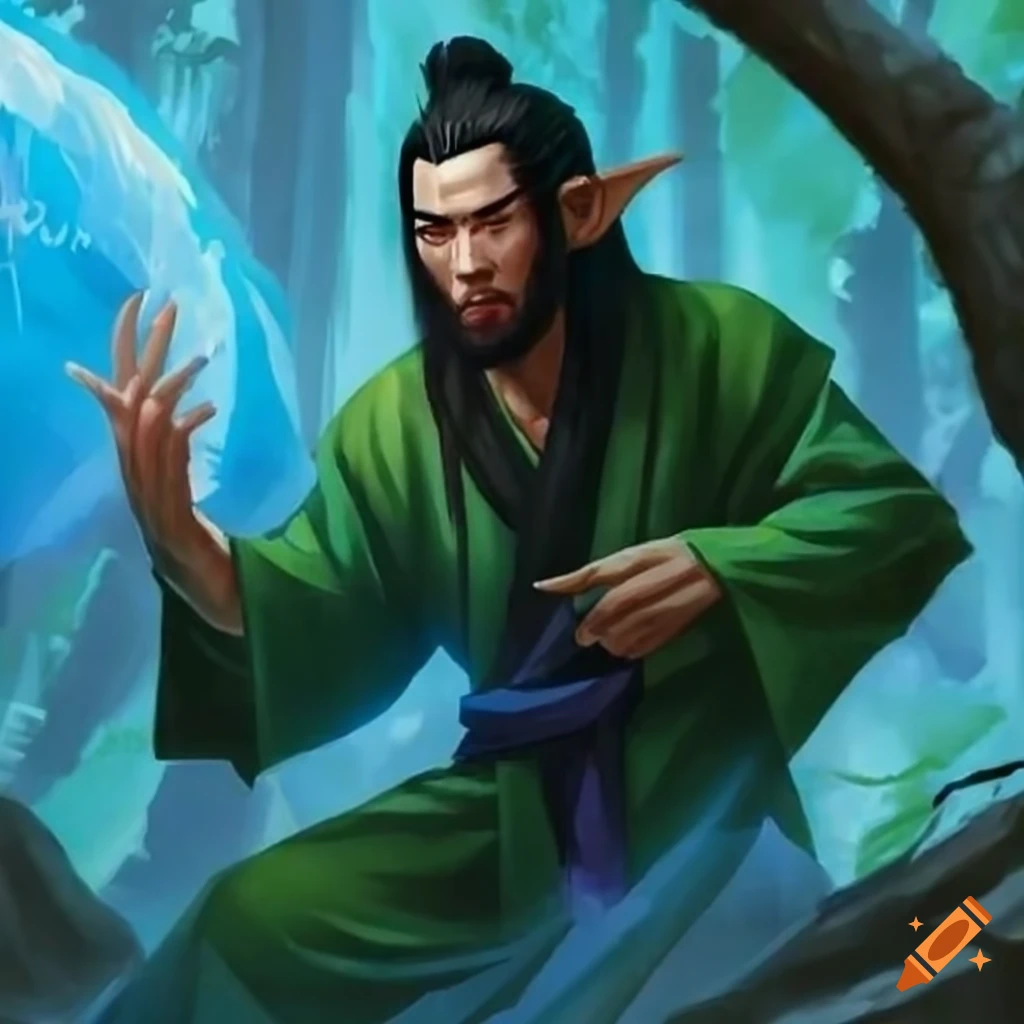 Asian elf male in ancient chinese clothing on mountain path on Craiyon