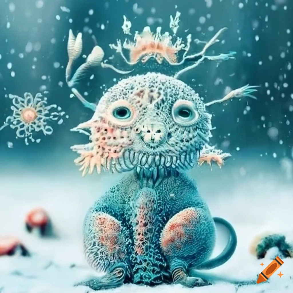 Artistic depiction of cute creatures in snowy village on Craiyon