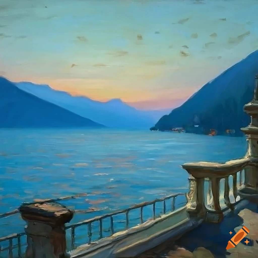 Impressionist painting of a small patio overlooking Lake Como on Craiyon