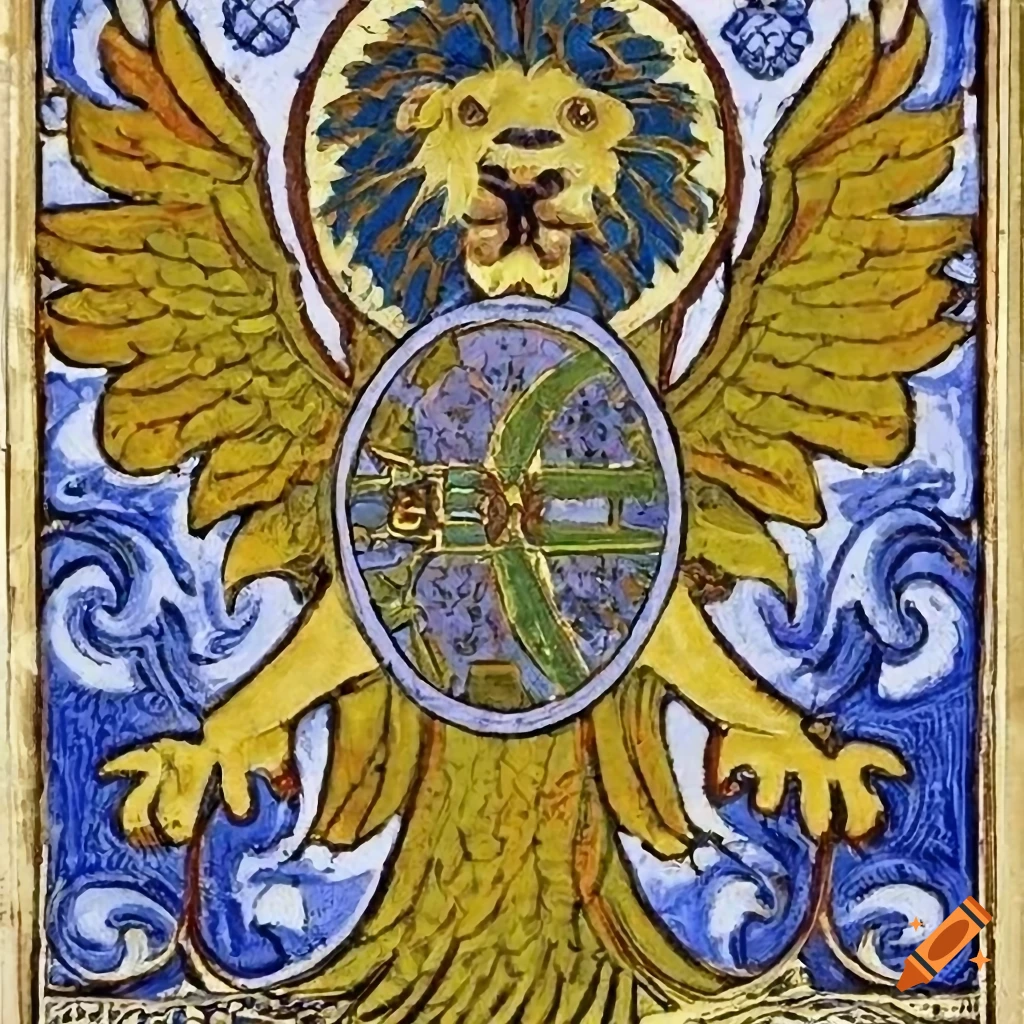 Color illustration of a seraphim with a lion face and angelic wings on ...