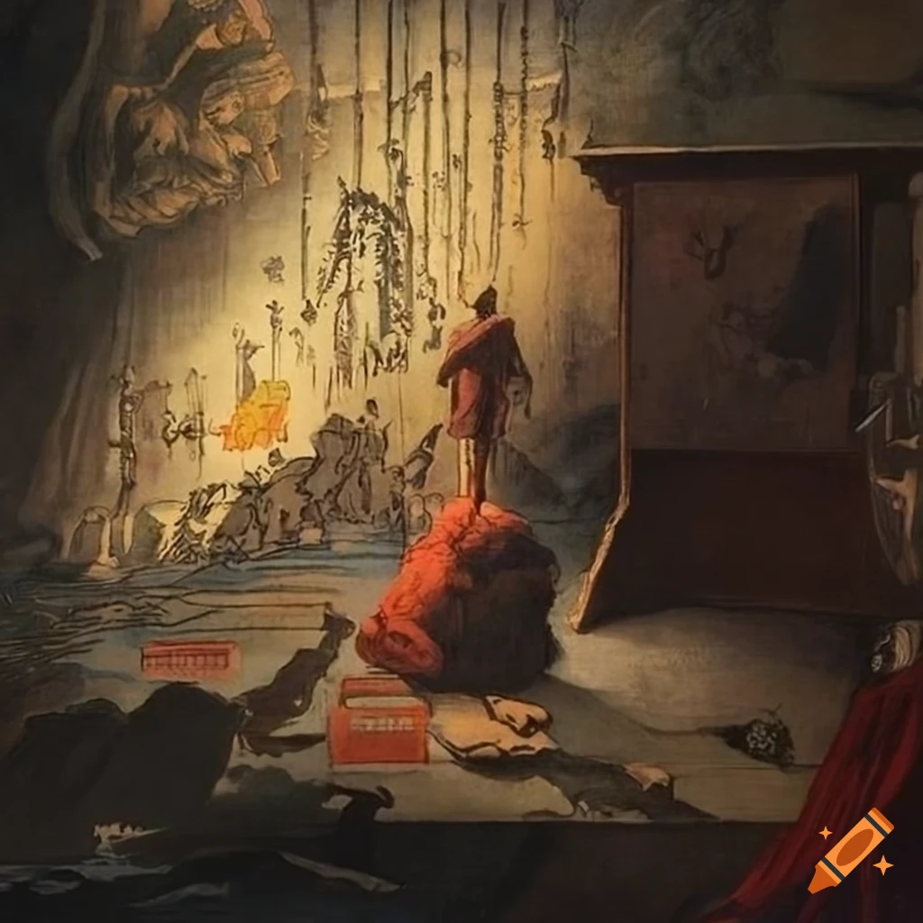 Ukiyo-e woodblock print of an artist-magician in a sunlit studio