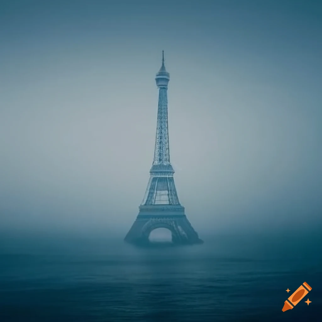 Eiffel tower in a sea of fog on Craiyon