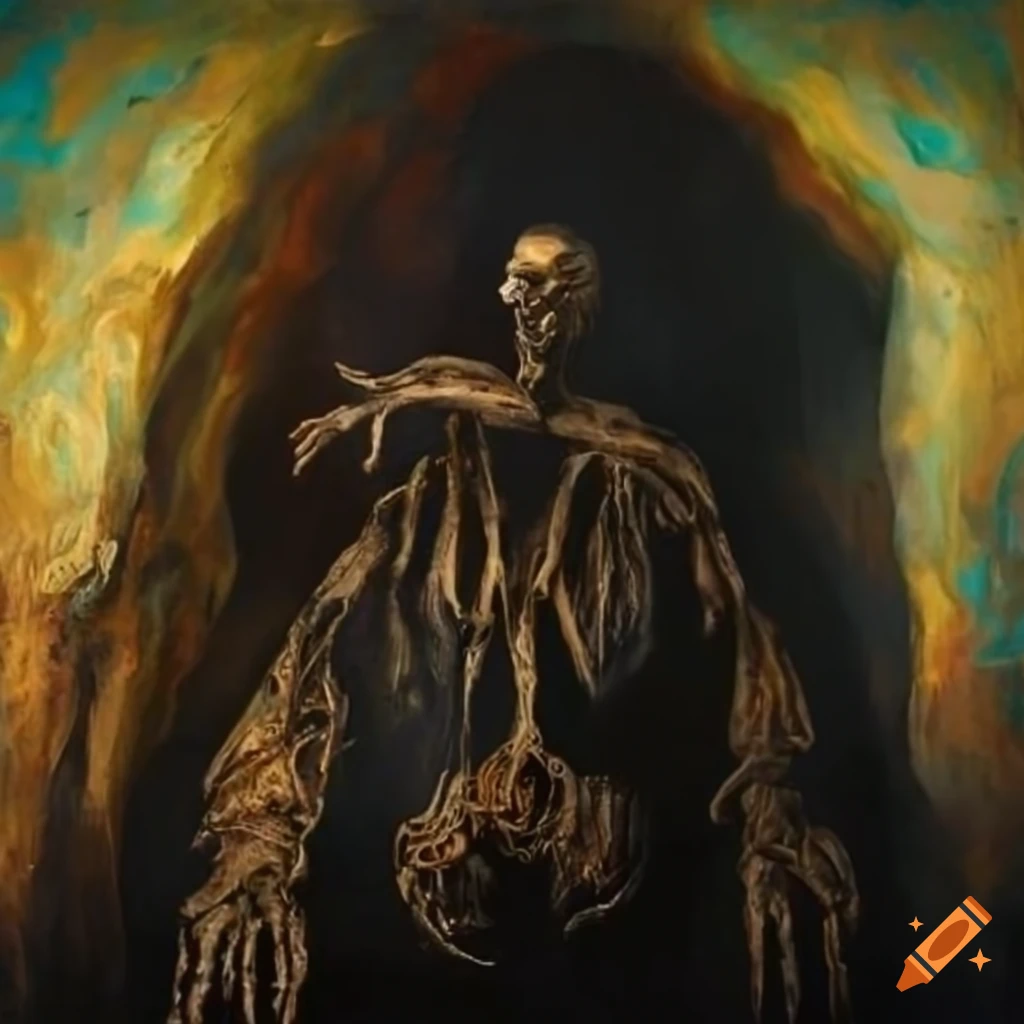 Surreal painting of a humanoid figure in a distorted field of color on ...