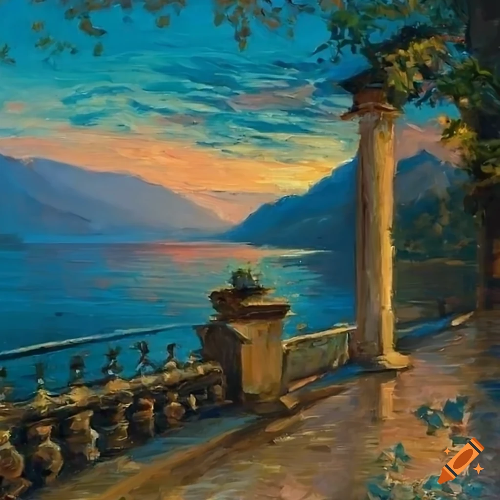 Impressionist painting of a patio overlooking Lake Como on Craiyon