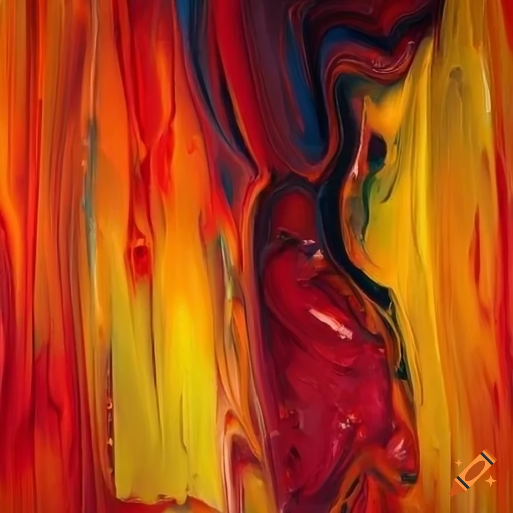 Abstract oil painting with red, orange, and yellow colors