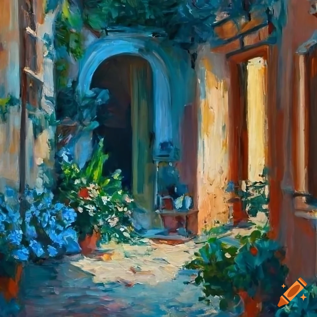 Impressionist painting of a small italian house with a beautiful ...