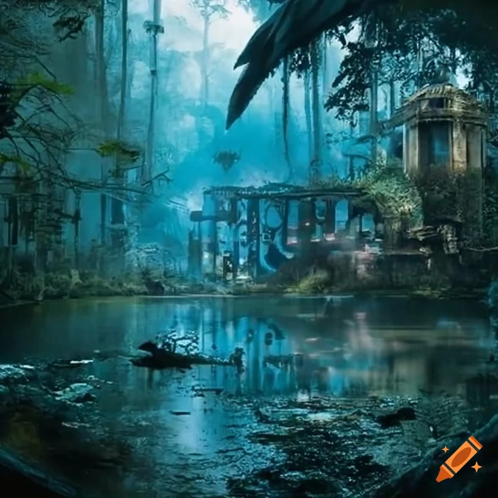 Image of an alien city in a blue jungle on Craiyon