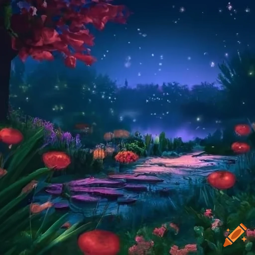 Nighttime view of a romantic garden on Craiyon