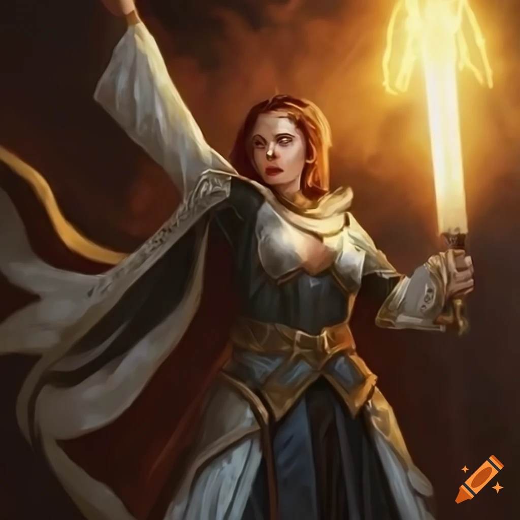 MTG card of a woman knight cleric raising her sword on Craiyon