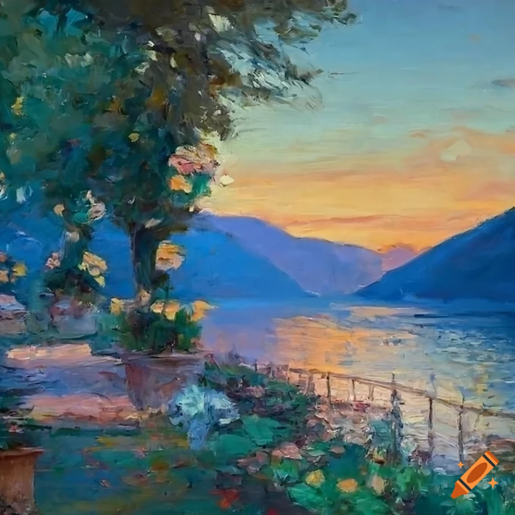 Impressionist painting of a patio overlooking lake como on Craiyon
