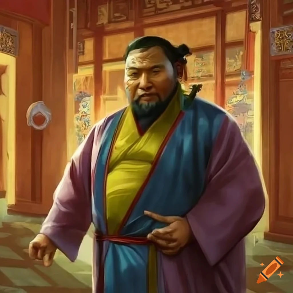 Image of a bearded asian man in traditional clothing inside a chinese ...