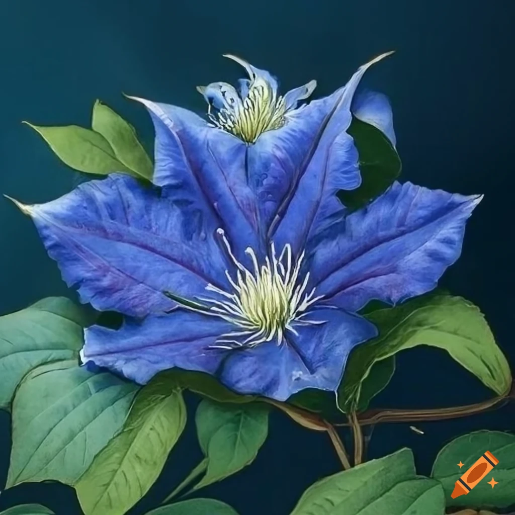 Detailed drawing of a blue clematis on white on Craiyon