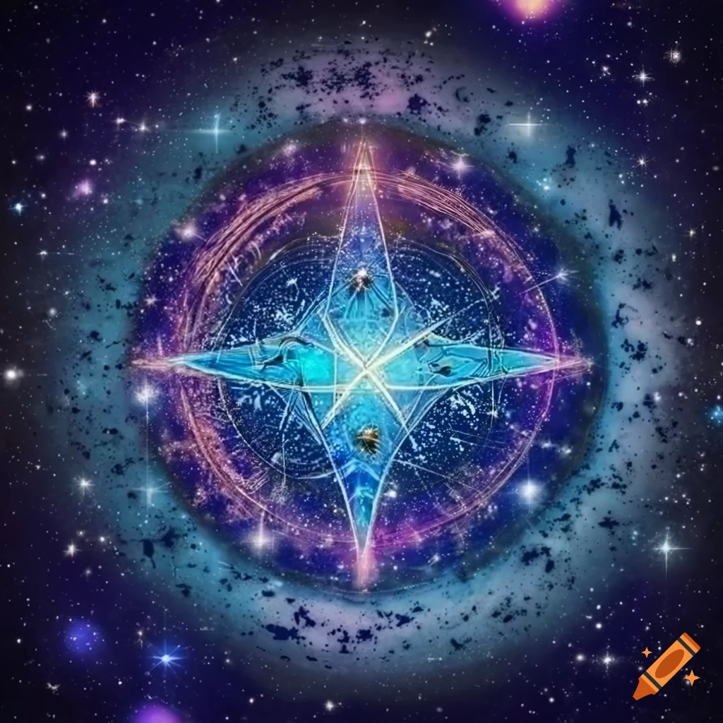 Illustration of a radiant celestial compass on Craiyon