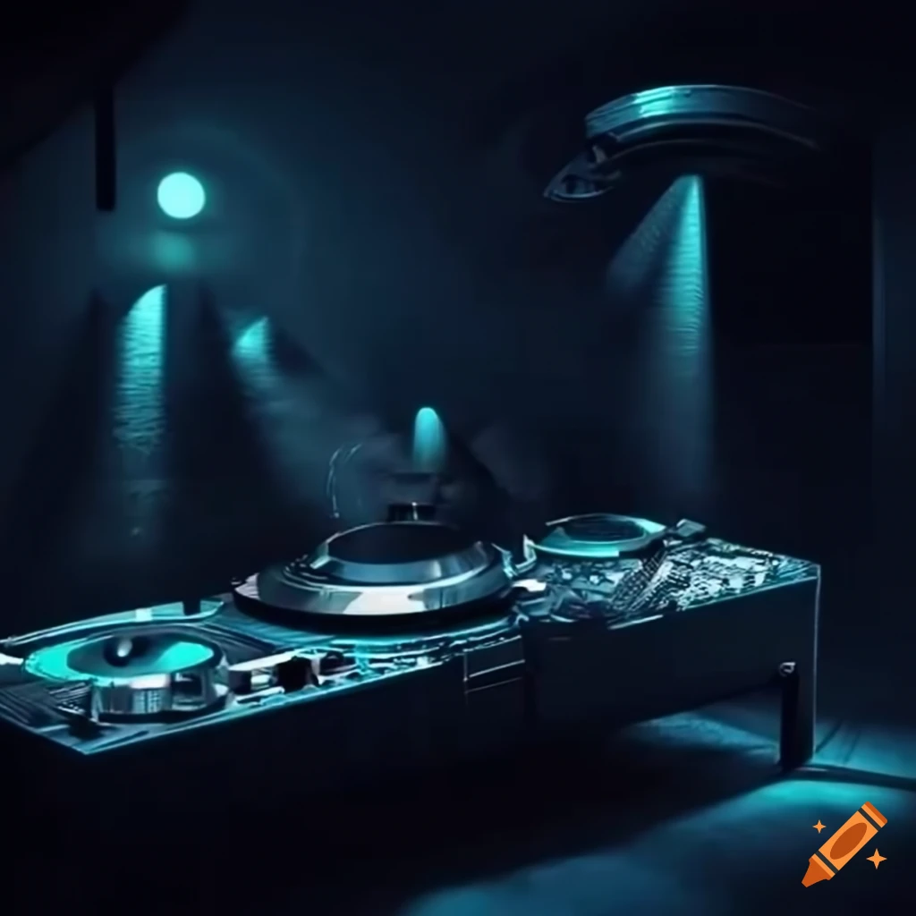 Futuristic club with dj mixing on turntables on Craiyon