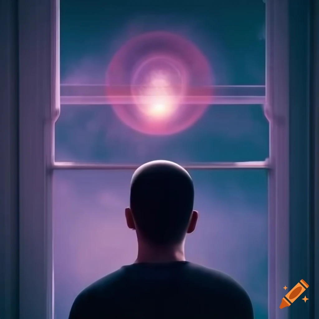 Man looking at alien spaceship from window on Craiyon