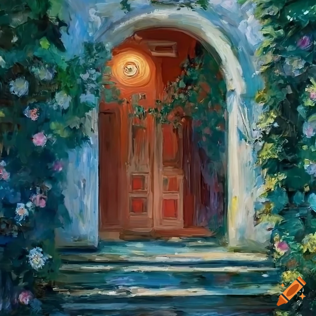 Impressionist painting of a charming italian house with courtyard on ...