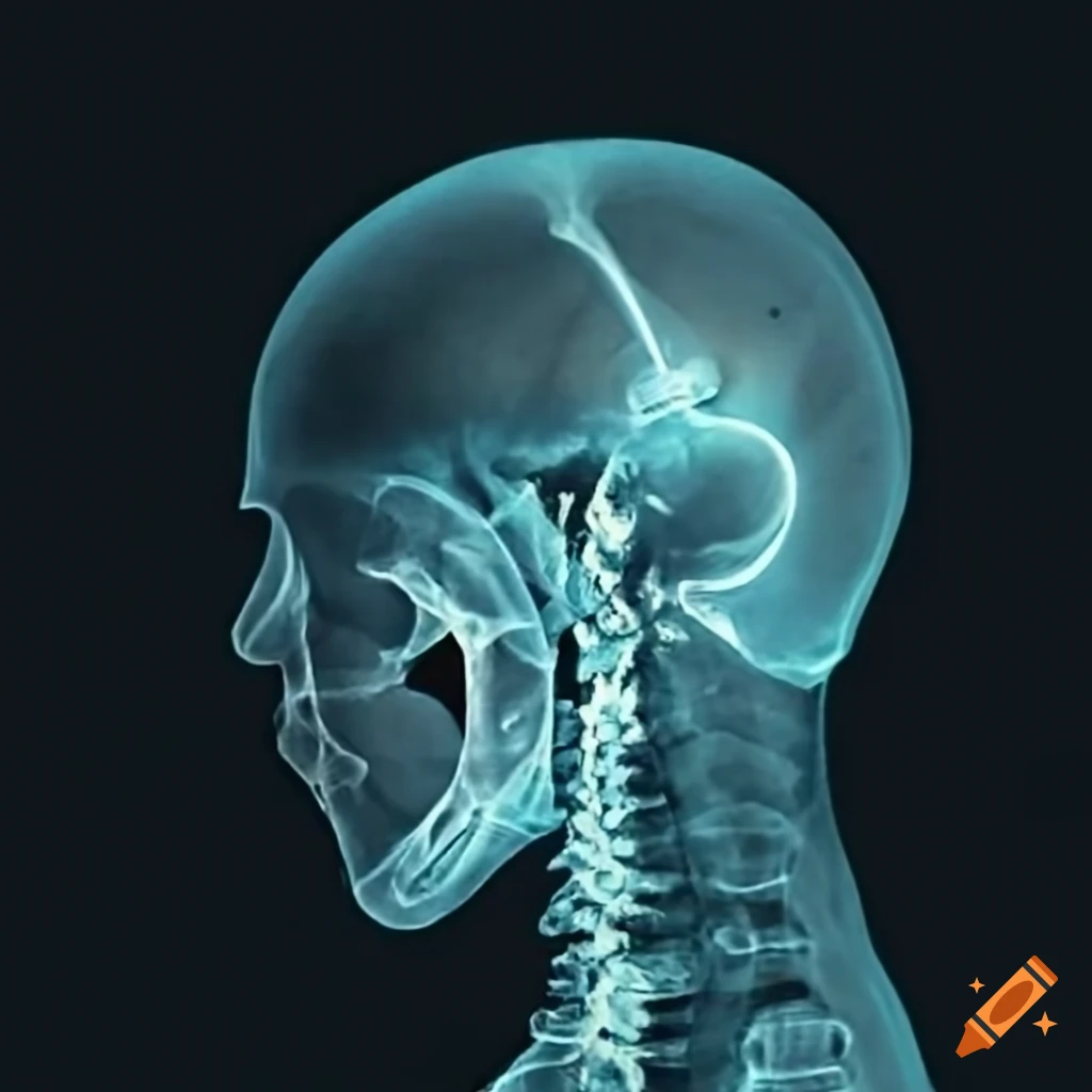 X ray profile, neanderthal skull with lines through the chin on Craiyon