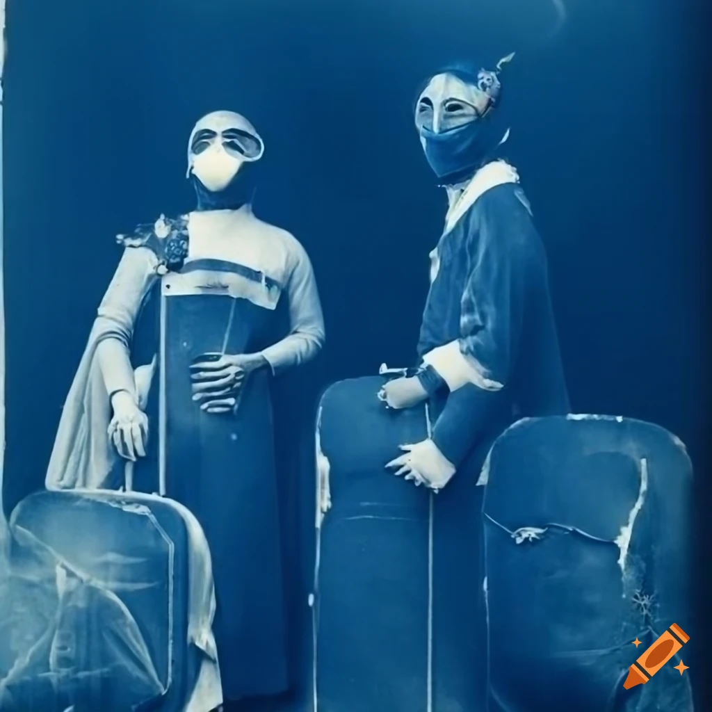 Vintage cyanotype of clown cult members in animal masks on Craiyon