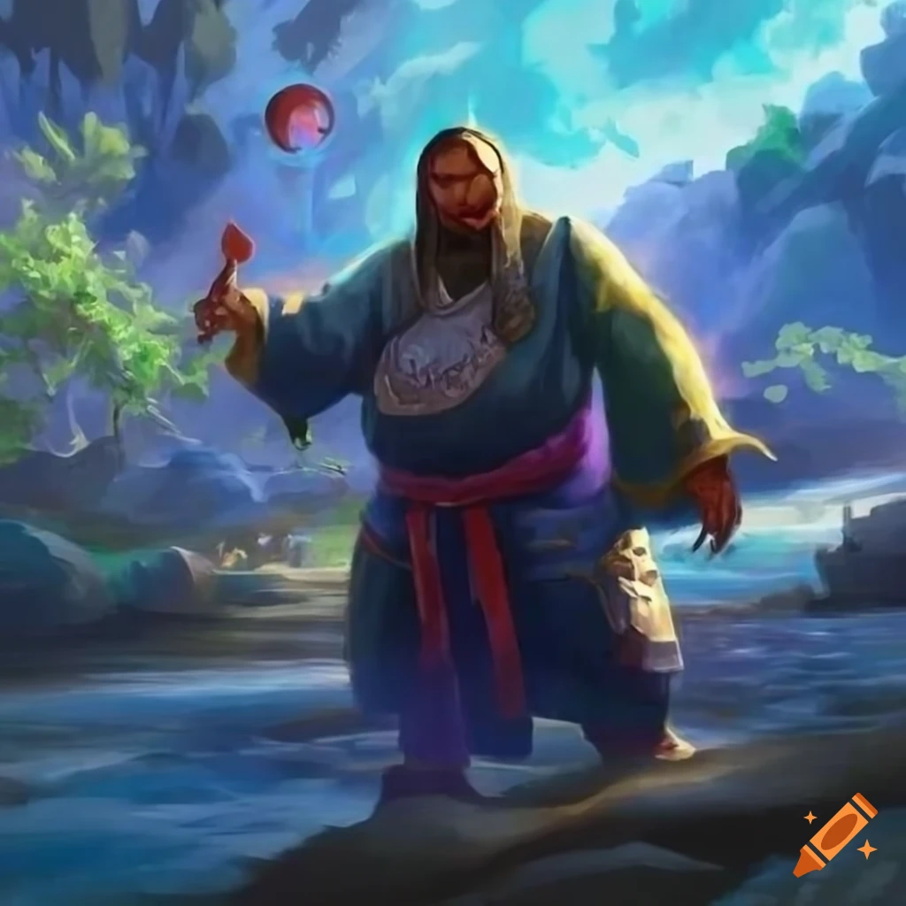 Asian sorcerer in ancient attire by the river