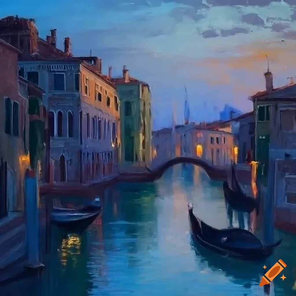 Impressionist painting of a charming scene in venice at dusk
