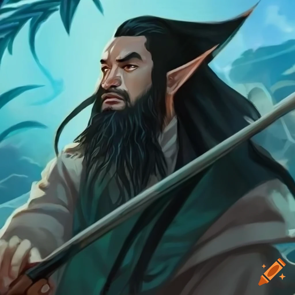 Asian elf male in ancient chinese clothing on a mountain path