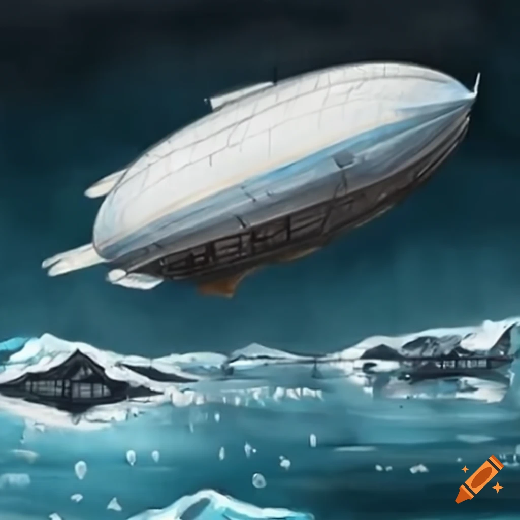 Steampunk zeppelin flying over the Arctic on Craiyon