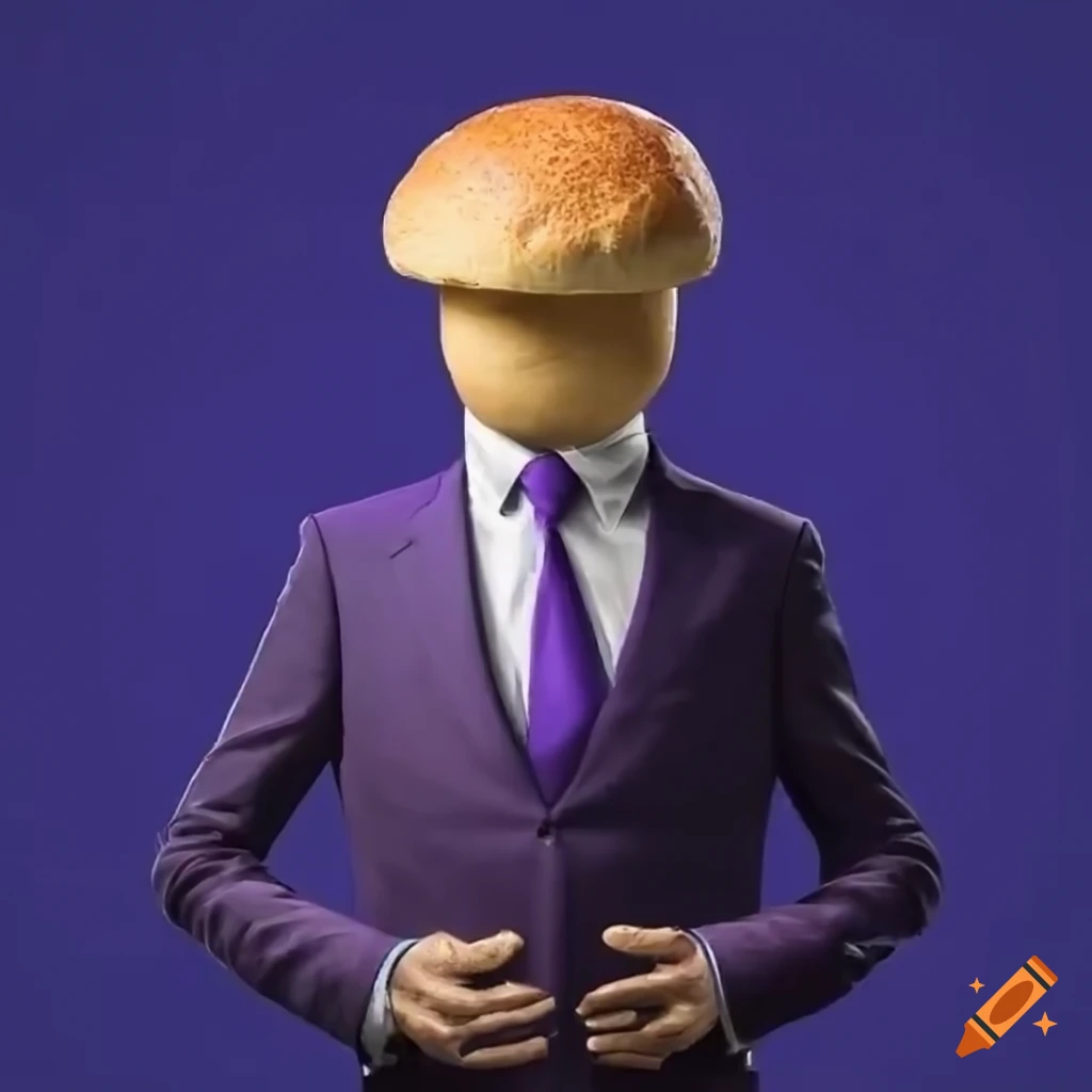 Man wearing a suit with a loaf of bread for head on Craiyon