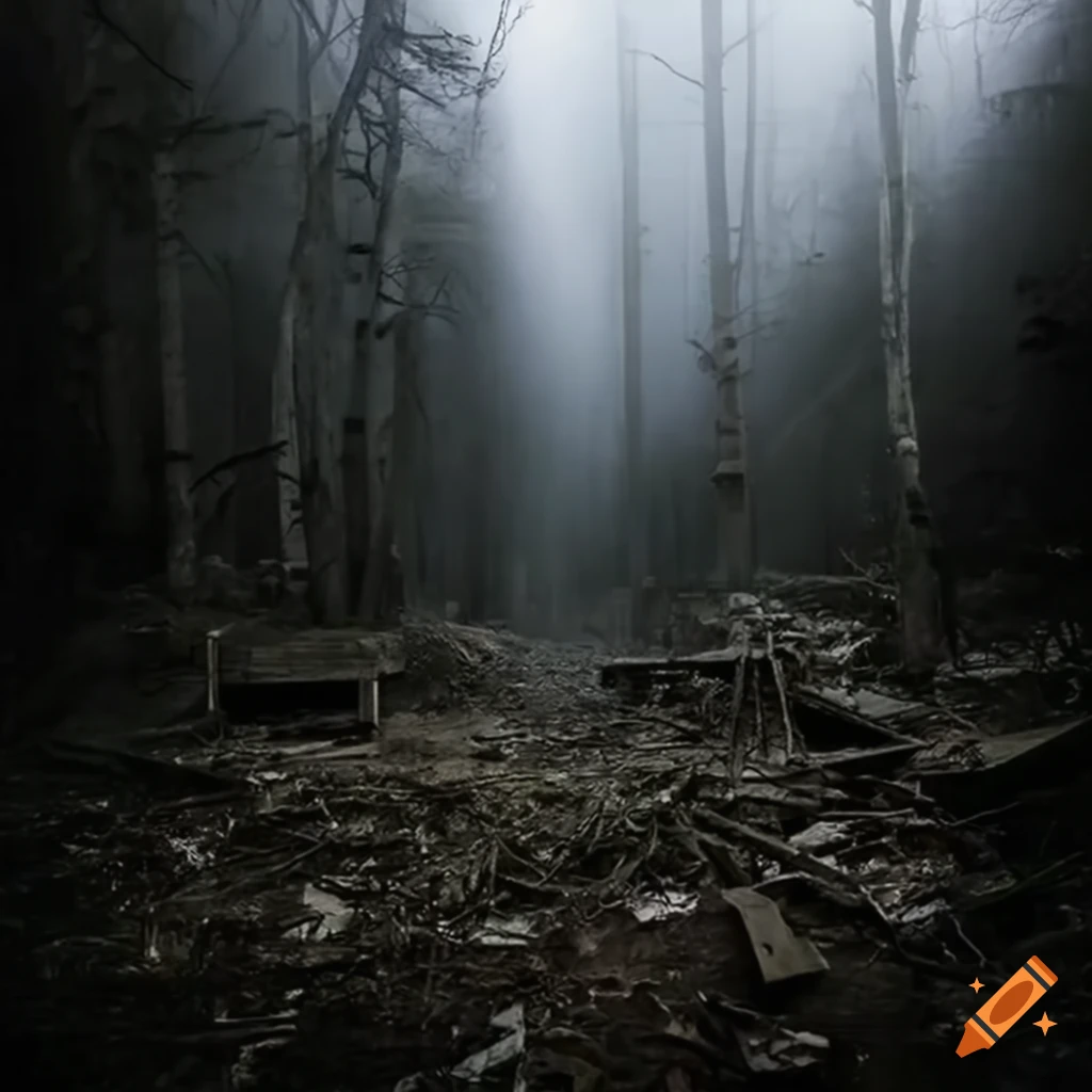 Detailed image of an abandoned city in a gloomy forest on Craiyon