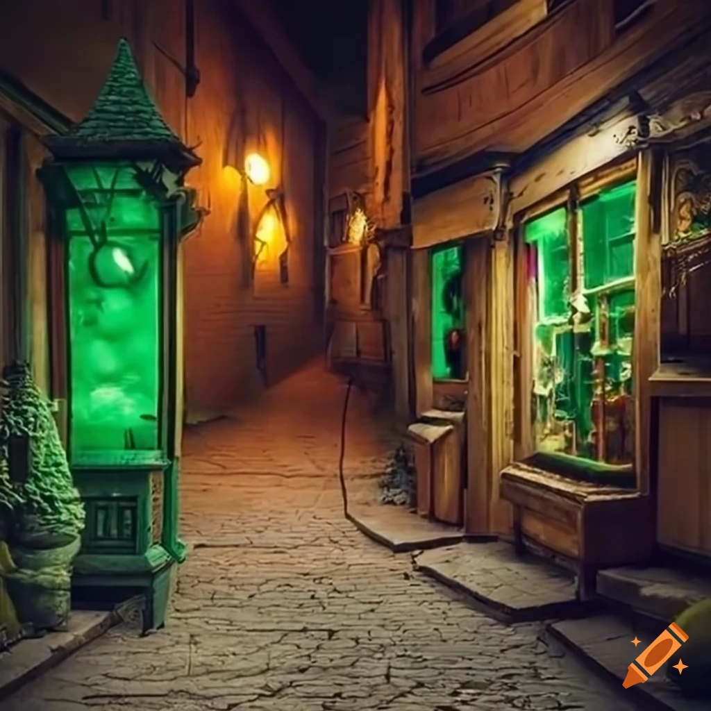 Night scene of a mystical antique shop in a magical realm on Craiyon