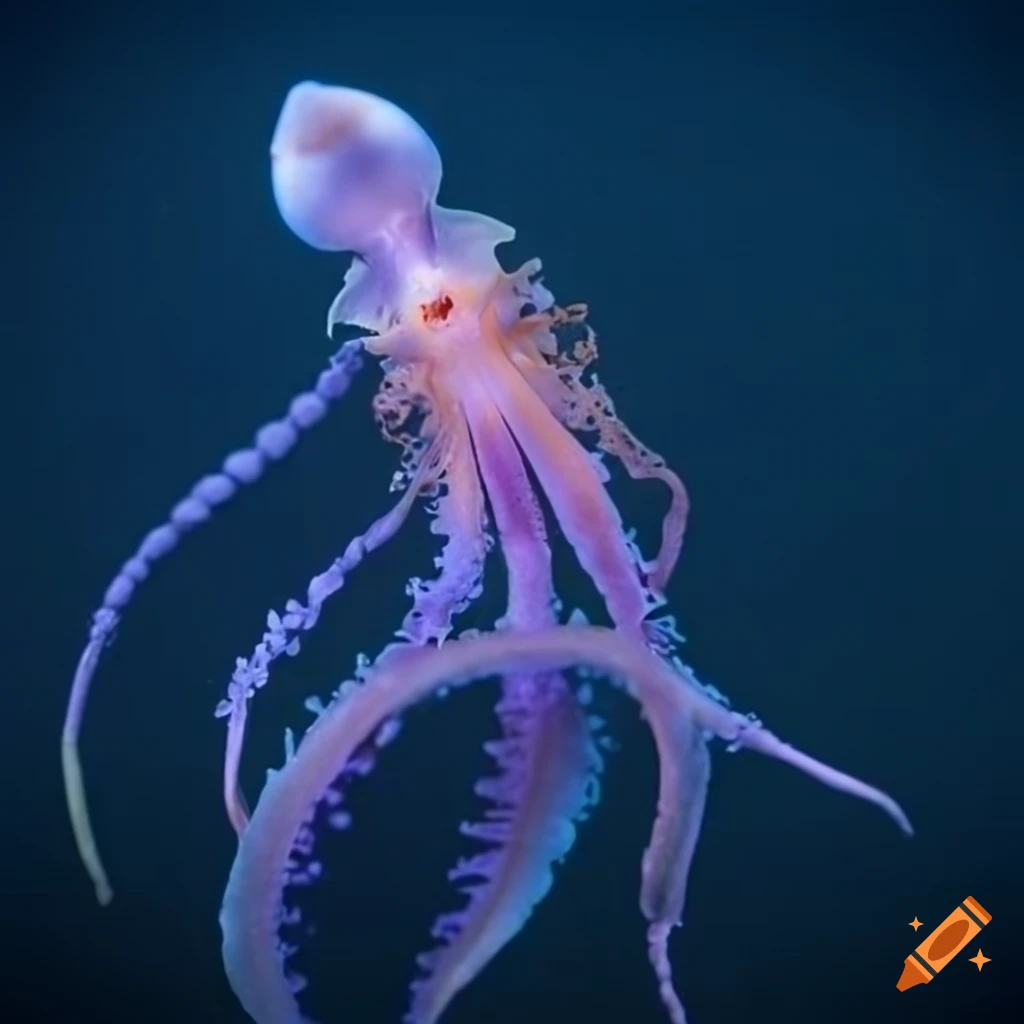 Dark blue underwater scene with alien sea creature on Craiyon