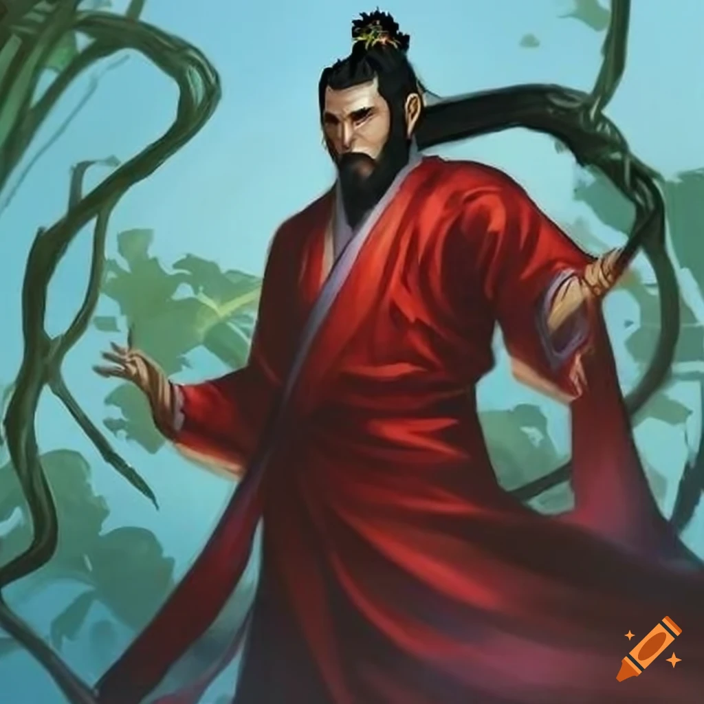 Asian elf male in ancient chinese robes with magical powers