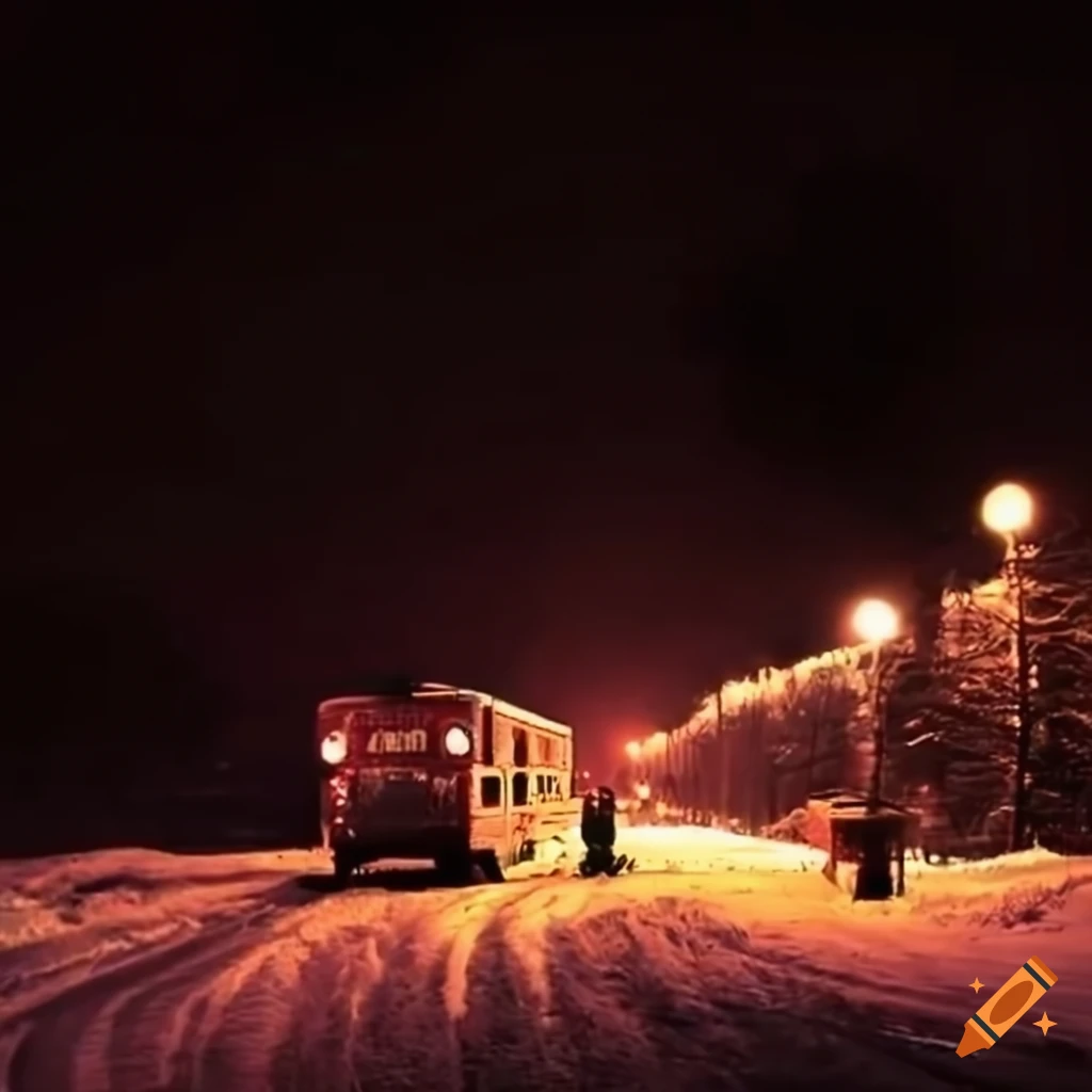 Vintage night scene of an american bus in winter